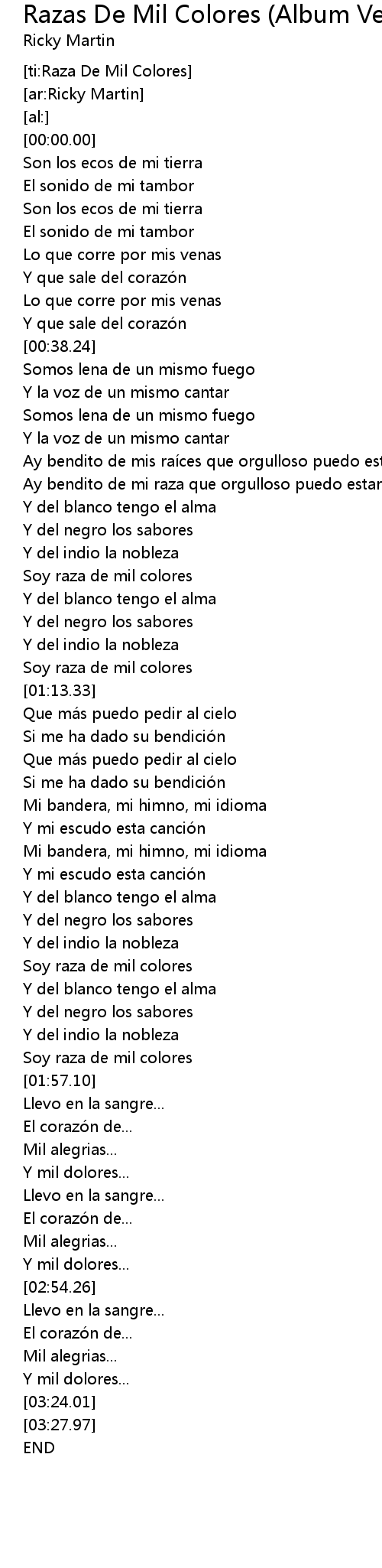 Razas De Mil Colores (Album Version) 歌词 - 歌词网